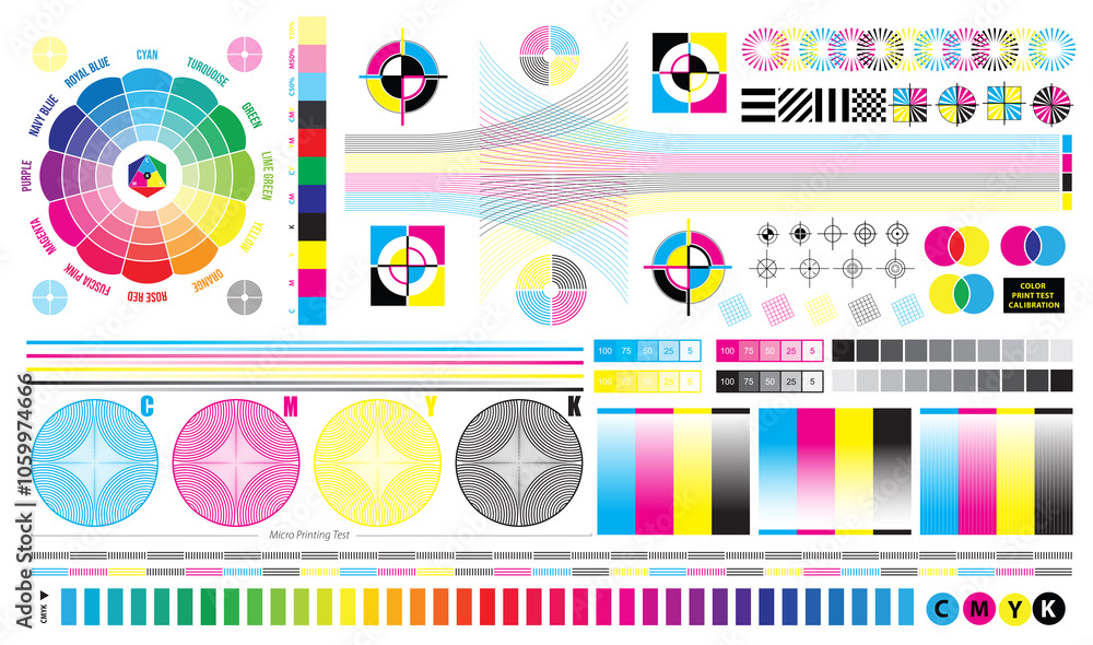 Set illustration of CMYK Print Test Calibration Chart for CTP Printing ...