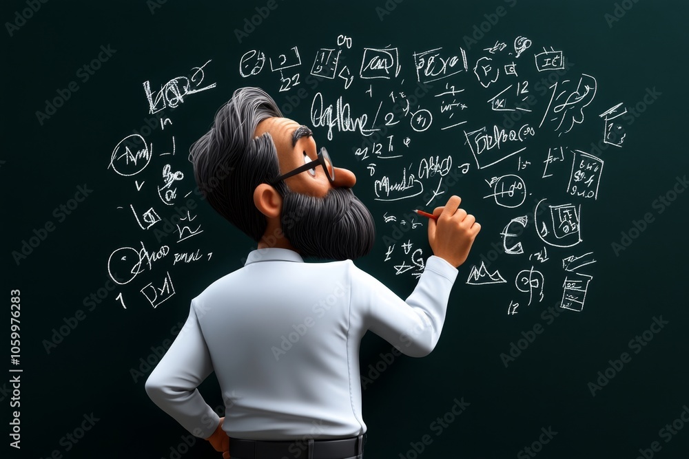 a 2D cartoon illustration of a teacher drawing on a whiteboard ...
