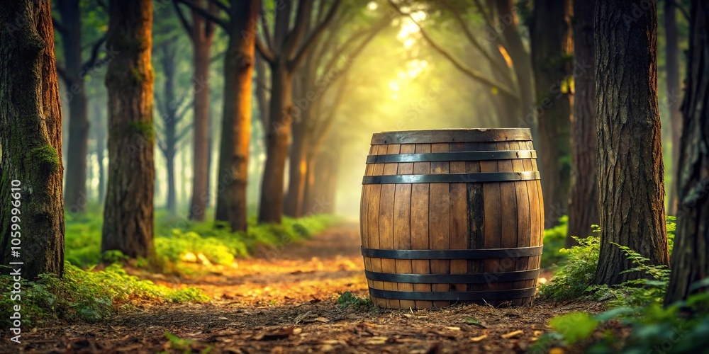 Vintage whiskey barrel half-buried in the ground surrounded by tall ...