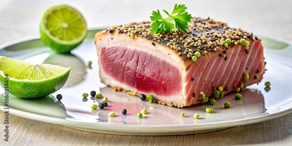 A Single Seared Tuna Steak with a Garnish of Fresh Herbs, Served on a ...