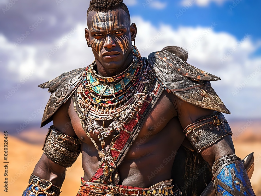 Warrior adorned with tribal jewelry and armor stands confidently in a ...