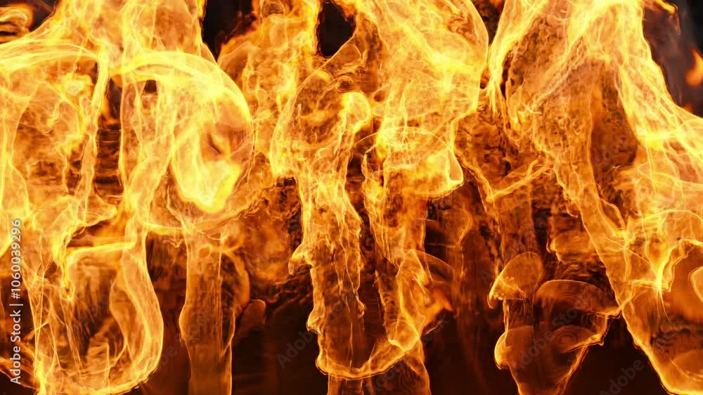 Full screen fire burning and raging as a seamless loop, iso black ...