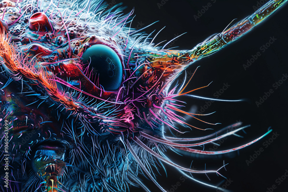 Close-up view of an insect's eye and antenna with fine hairs ...