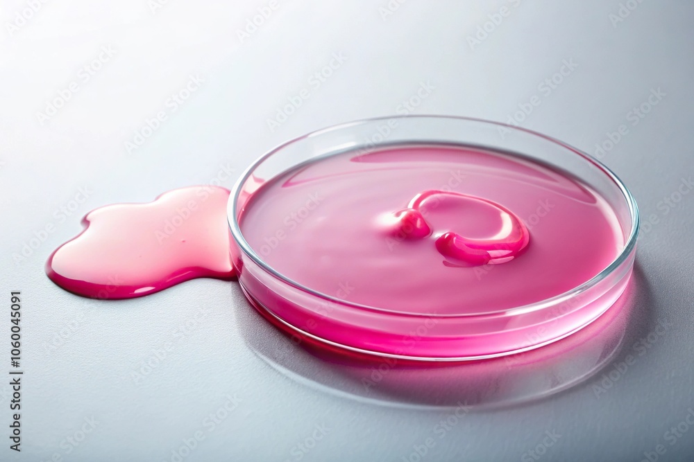 Pink goo slowly drips from a broken petri dish onto a pristine white ...
