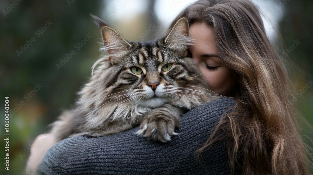 Woman hugging a big fluffy cat outdoors Outdoor scene with a woman ...