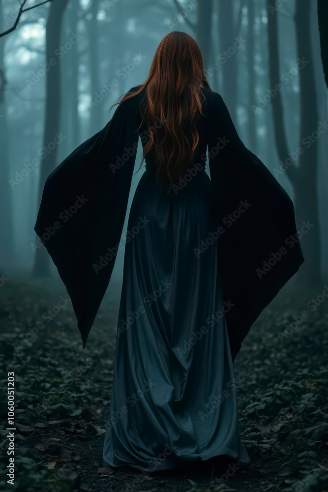 Black widow long dark silk fly fabric dress, scary horror woman ...