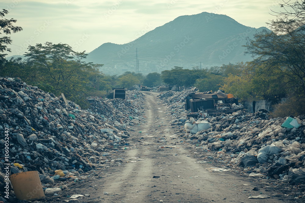 Aerial view of abandoned garbage land, Landscape view of landfill with ...