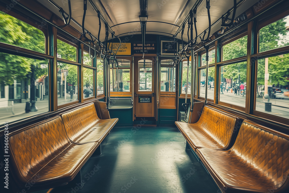Interior design of tram with seat and handle bar, Inside of public ...