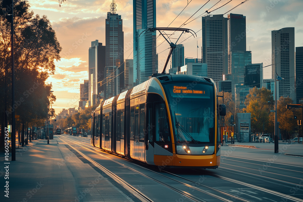 Selective focus tram with headlight on railroad, Public transport with ...