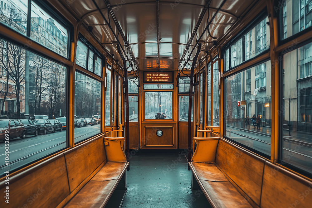 Interior design of tram with seat and handle bar, Inside of public ...