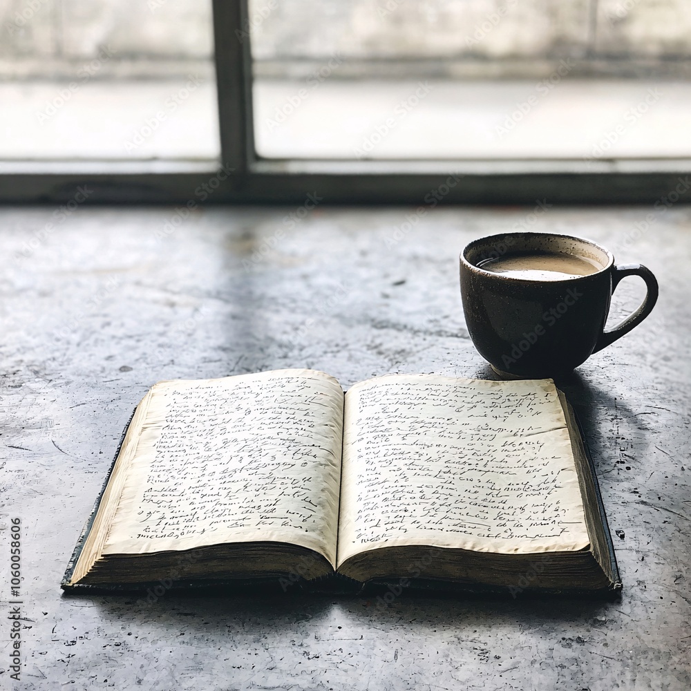 Serene Study Session - Open book with handwritten notes and coffee cup ...