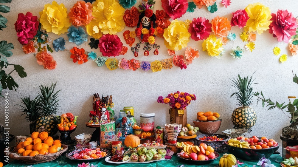 A colorful table setting with an ofrenda for Dia de los Muertos ...