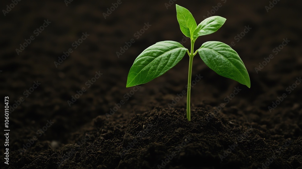 A vibrant green seedling emerging from rich dark soil, symbolizing ...