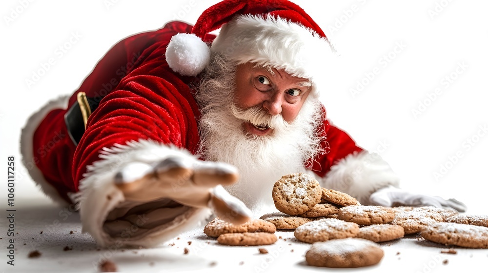 Playful Santa Claus Dropping a Trail of Crumbling Cookies from His ...