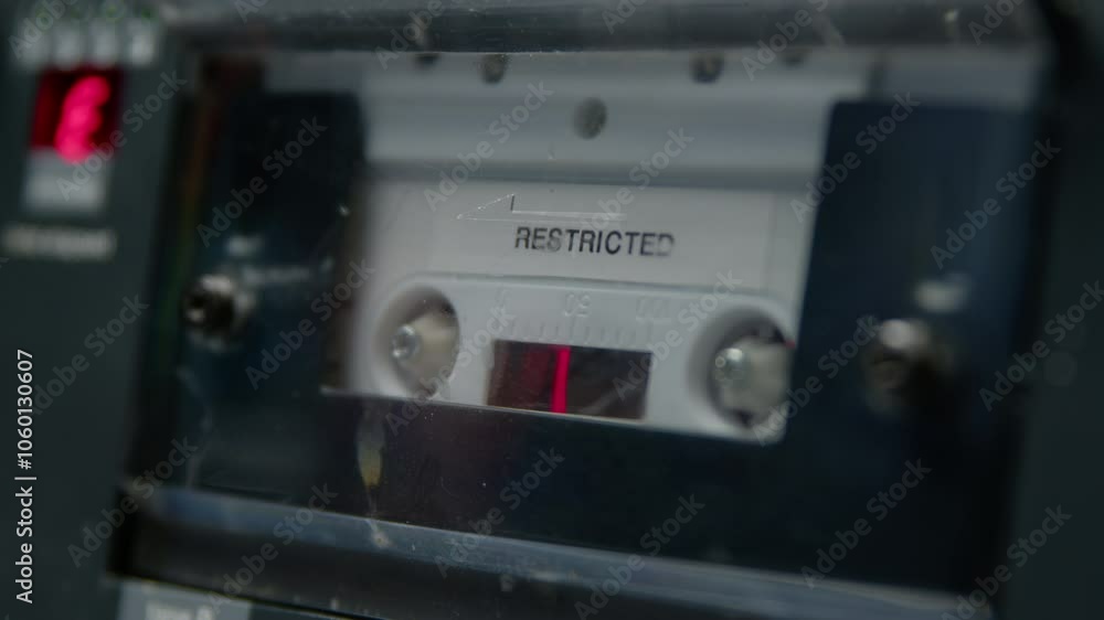 Close-up footage of a retro dual cassette recorder as used in police ...
