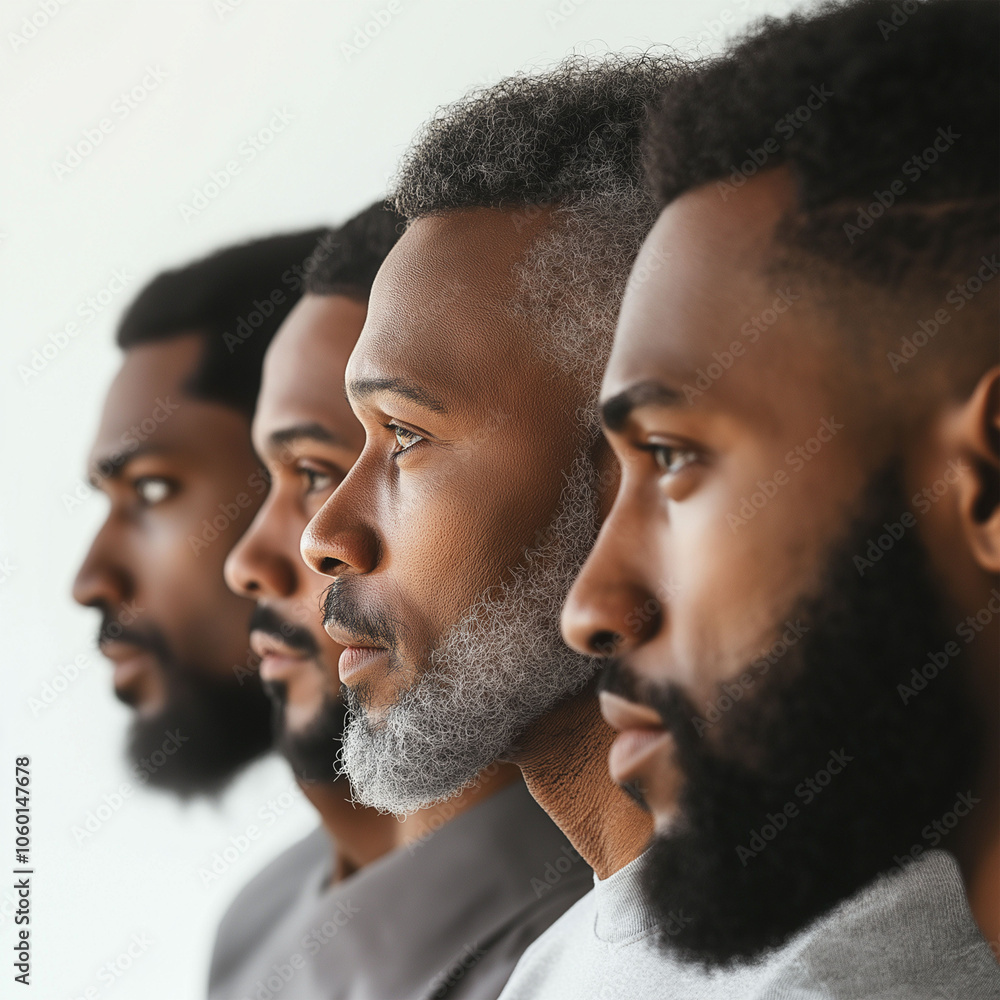 A side view close-up shot group of Black men in their late thirties ...