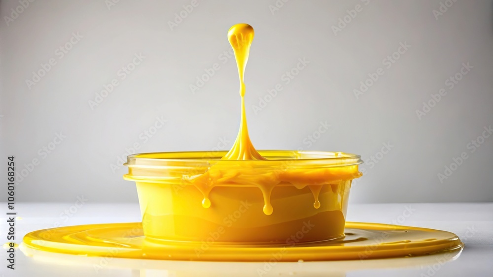 Yellow slime drops slowly from a container onto a flat surface in slow ...