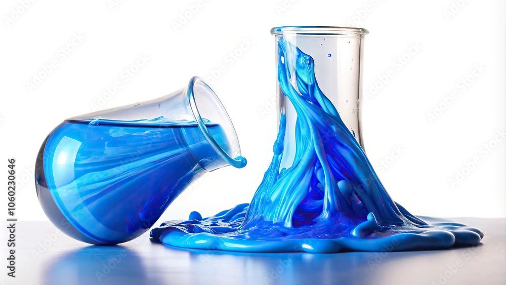 Colorful blue slime spills from a beaker on a white background, blue ...