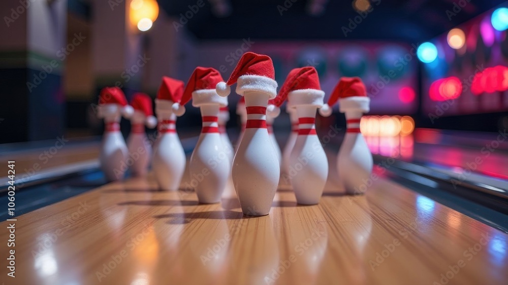 Holiday bowling with pins decorated with Santa's hat at the center of ...