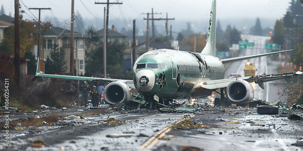 Airplane crash, debris on the ground, smoke-filled disaster on fire ...