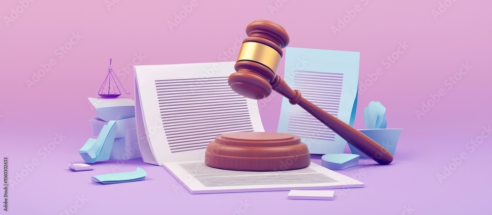 Detailed 3D model depicting legal documents with a judge's gavel for ...