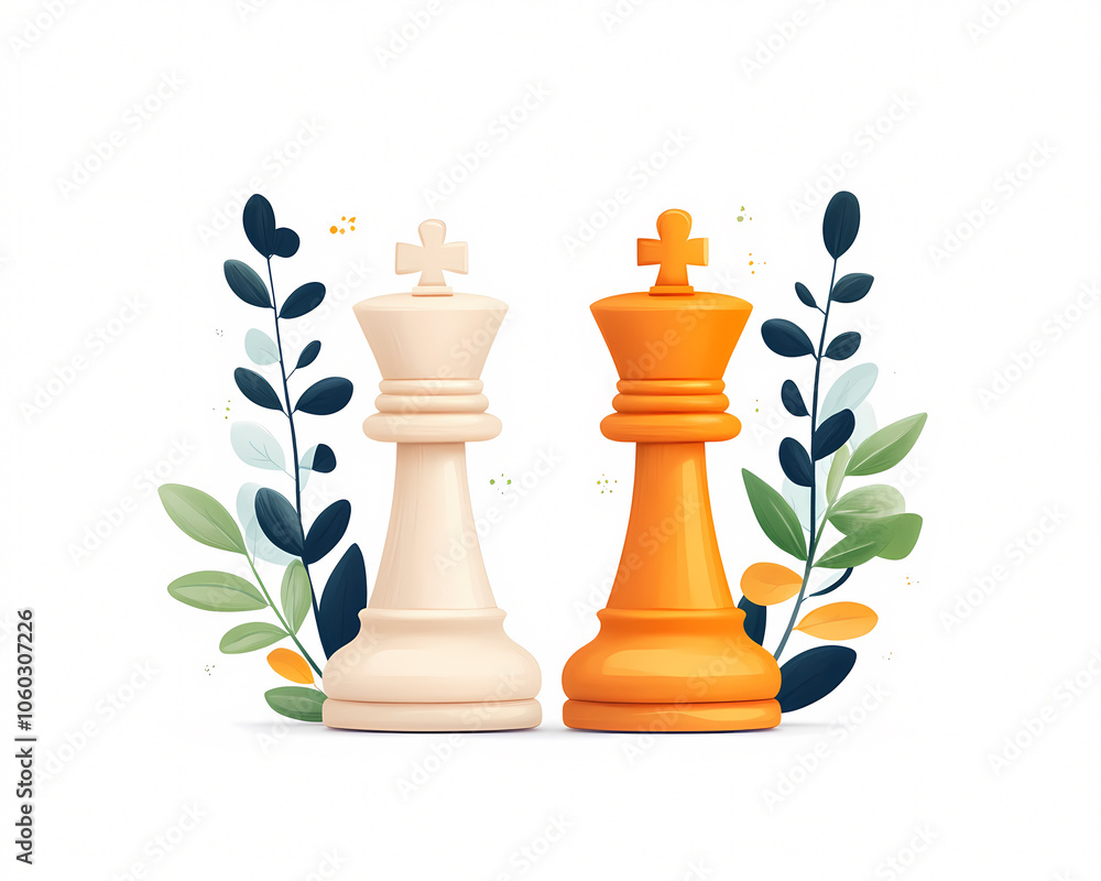 This image features two chess pieces a white king and an orange rook ...