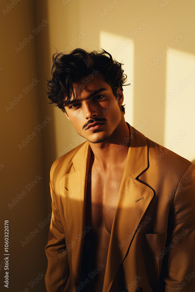Male supermodel, wearing a classy old Hollywood style , with dark wavy ...