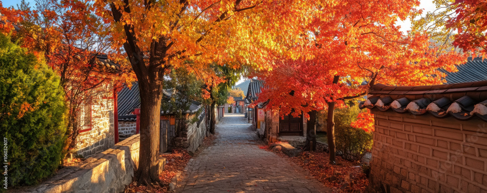 picturesque alley in Jeonju Hanok Village, adorned with vibrant fall ...