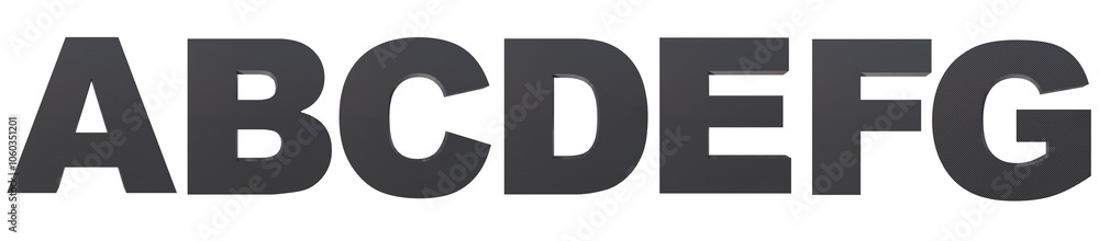 carbon fabric textured letter ABCDEFG created by 3D modeling on the transparency png background ...