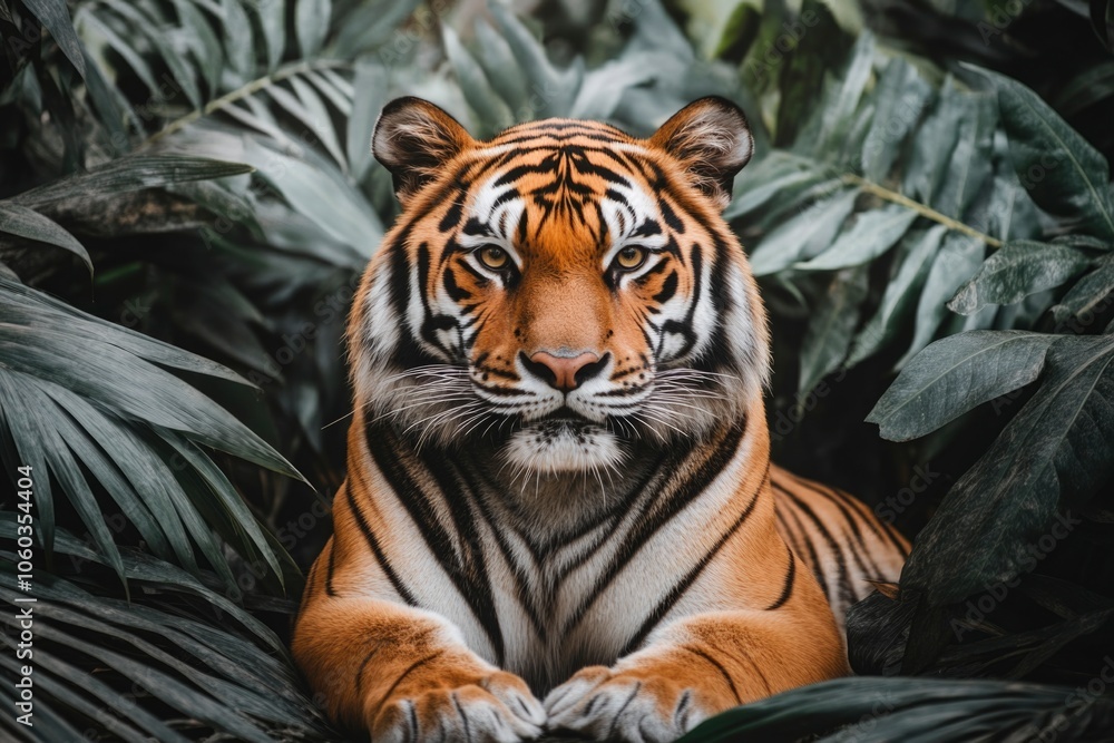 Exotic animals in natural habitats, like a tiger in a dense jungle with ...