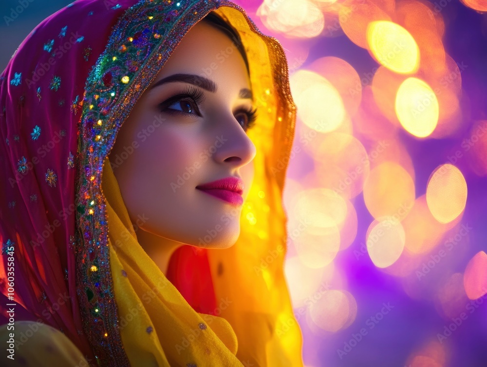 Muslim woman in traditional dress during Eid celebration with vibrant ...