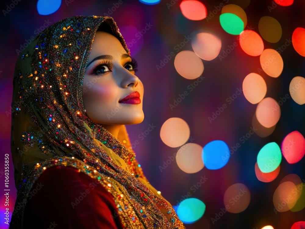 Muslim woman in traditional dress during Eid celebration with vibrant ...