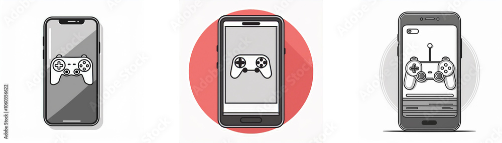 Three different phone screens depicting a gamepad, the first is a black ...