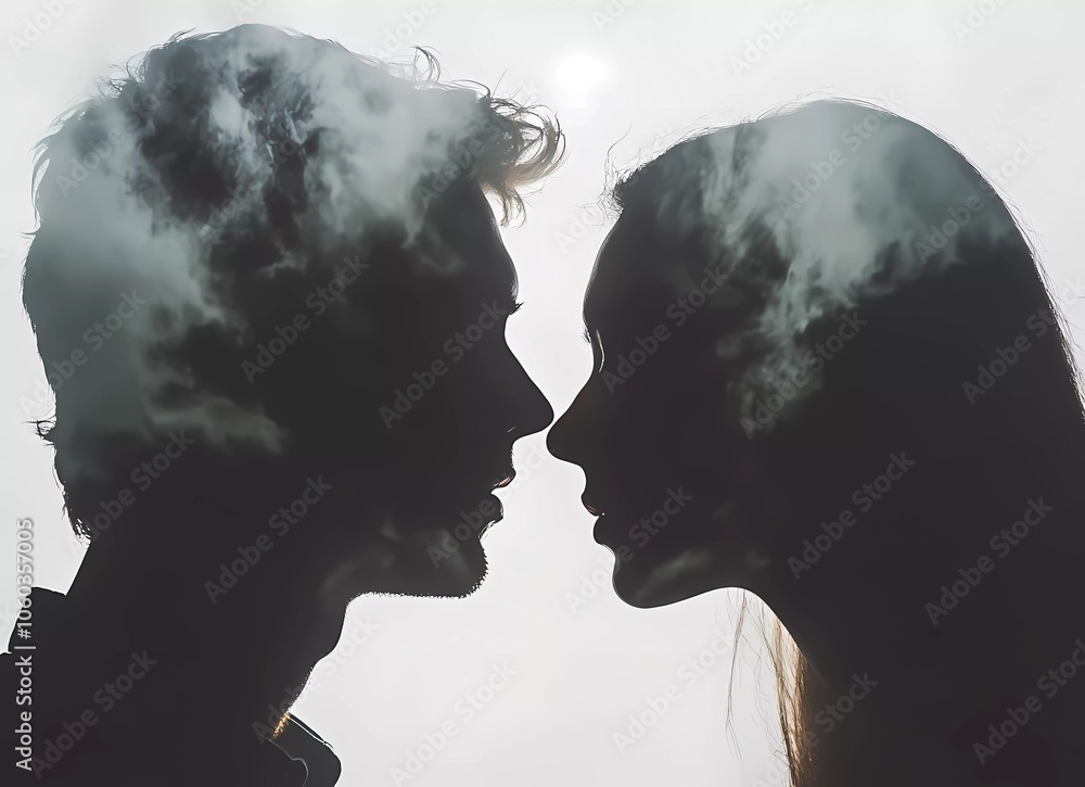 A silhouette of two faces facing each other, with the man's face ...