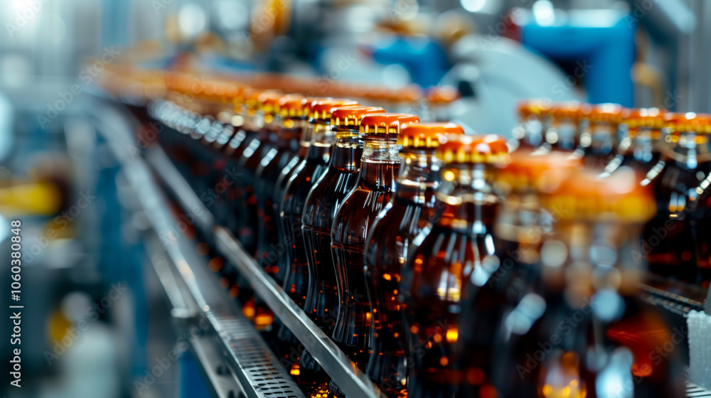 Bottles of cola soda are lined up on clean production line, showcasing ...