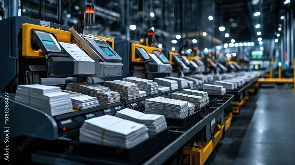 Automated mail sorting machines processing large stacks of letters in a ...