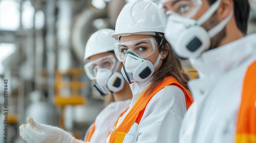 Workers in an oil refinery wearing masks and handling hazardous ...