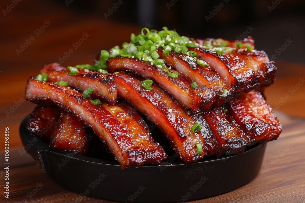 Crispy fried bacon strips sizzling in a pan, capturing the intense ...