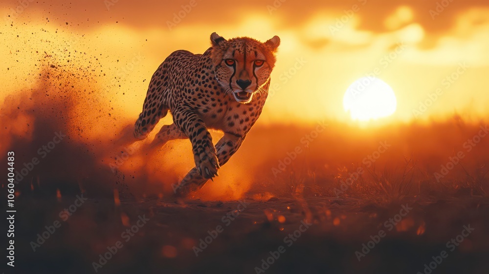 A cheetah running at full speed in the savannah, captured in slow ...