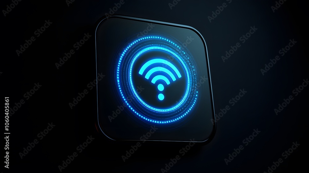 A blue neon cirular, glowing on a black background. The wireless icon ...