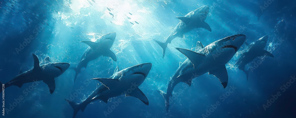 Sharks Circling A group of sharks circling slowly underwater, their powerful bodies gliding ...
