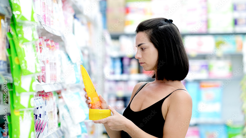 A woman browses home goods in a shopping mall, carefully considering ...