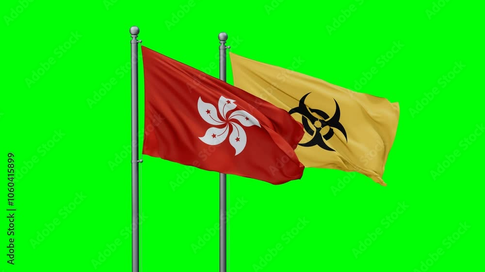 Hong Kong and Biological hazard flags waving together on looped video ...