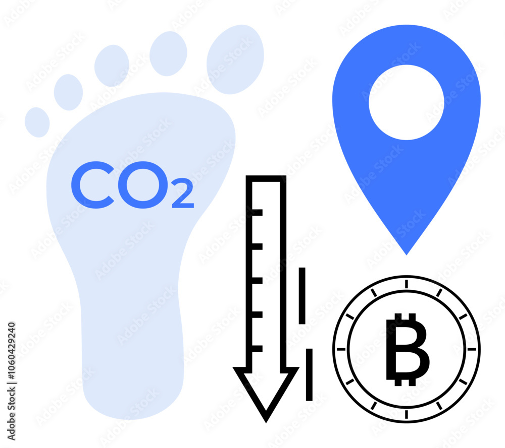 CO2 footprint symbol, blue location pin, downward arrow, and Bitcoin ...