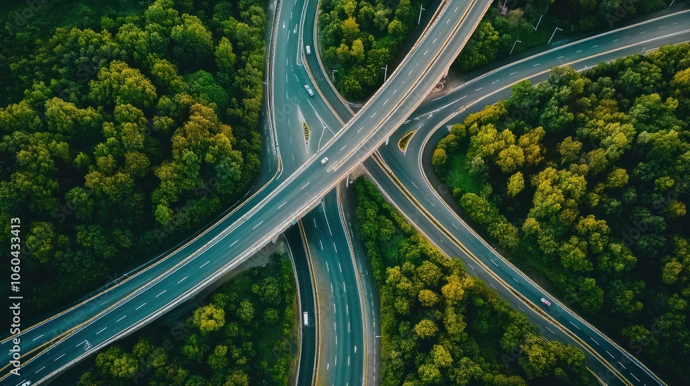 Aerial perspective of a highway intersection with multiple lanes ...