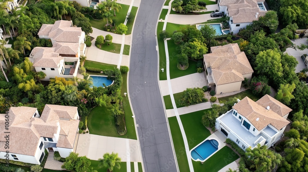 Aerial view of a suburban neighborhood with contemporary houses, green ...
