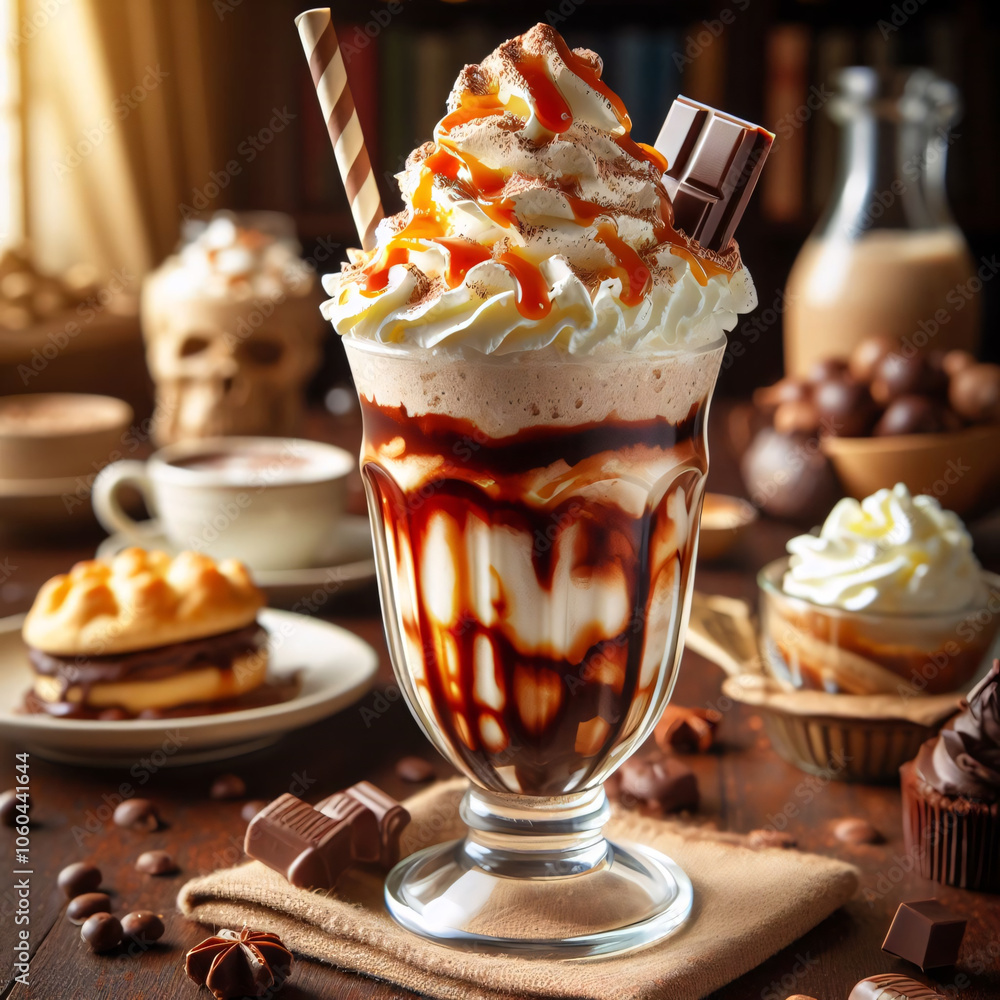 Indulgent chocolate milkshake with whipped cream, caramel drizzle, and ...
