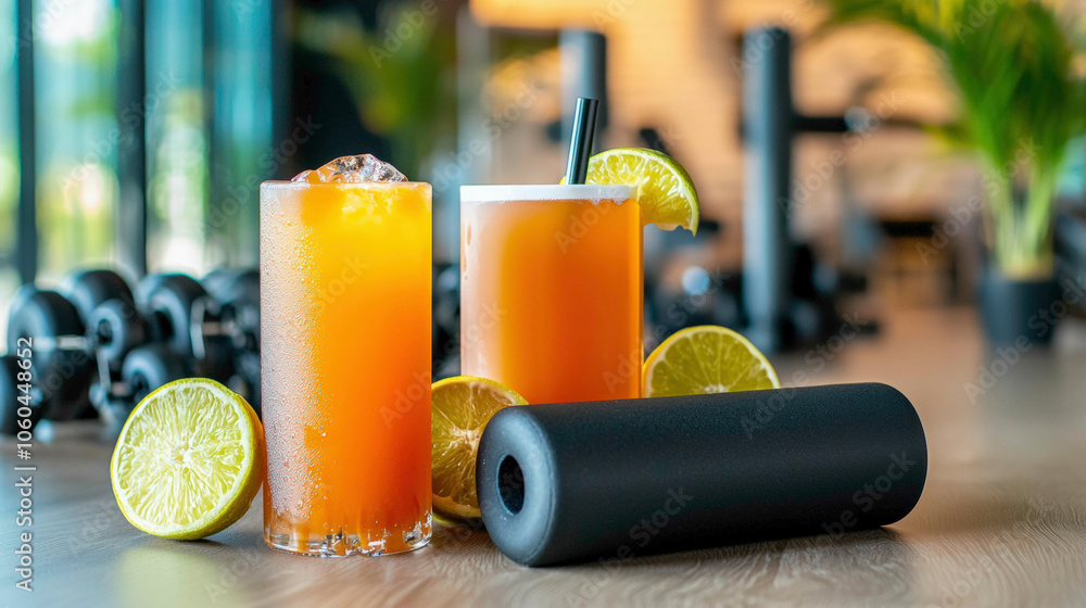 Two refreshing cocktails with citrus slices beside a black gym roller ...