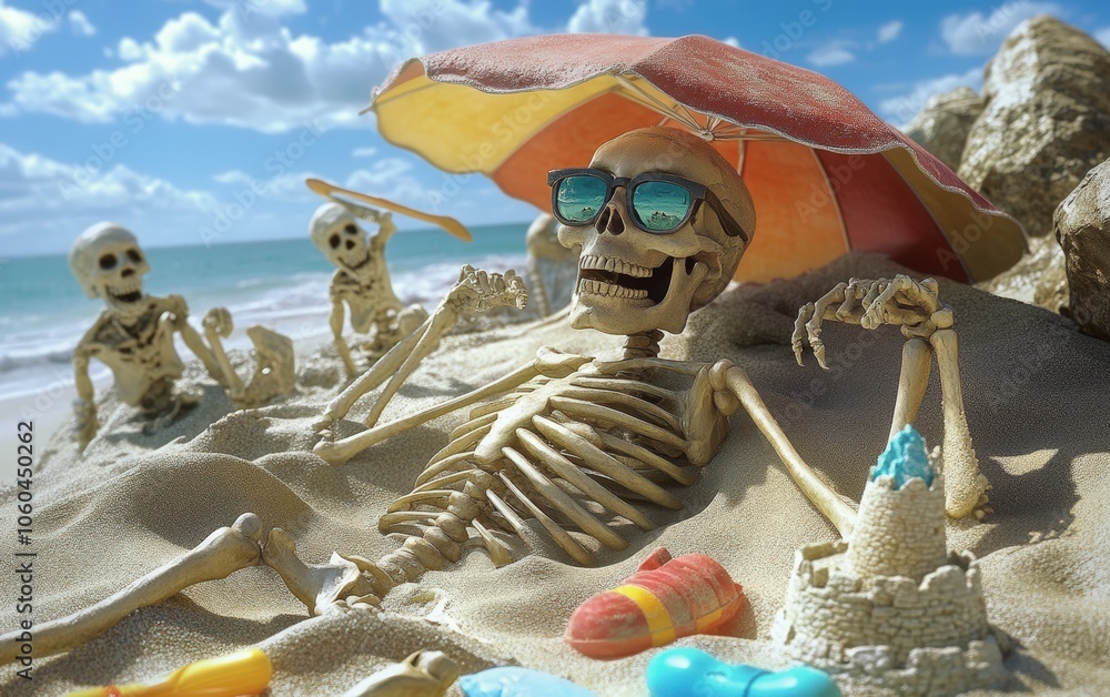 Skeleton Beach Day: A skeleton lying under a beach umbrella, wearing ...