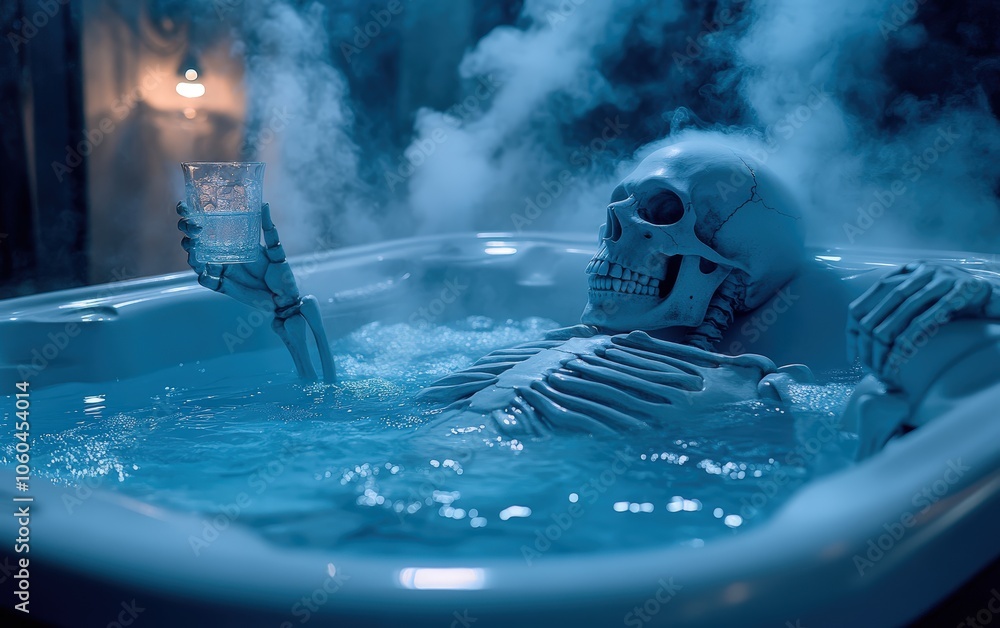 Skeleton in a Hot Tub: A skeleton relaxing in a hot tub with steam ...